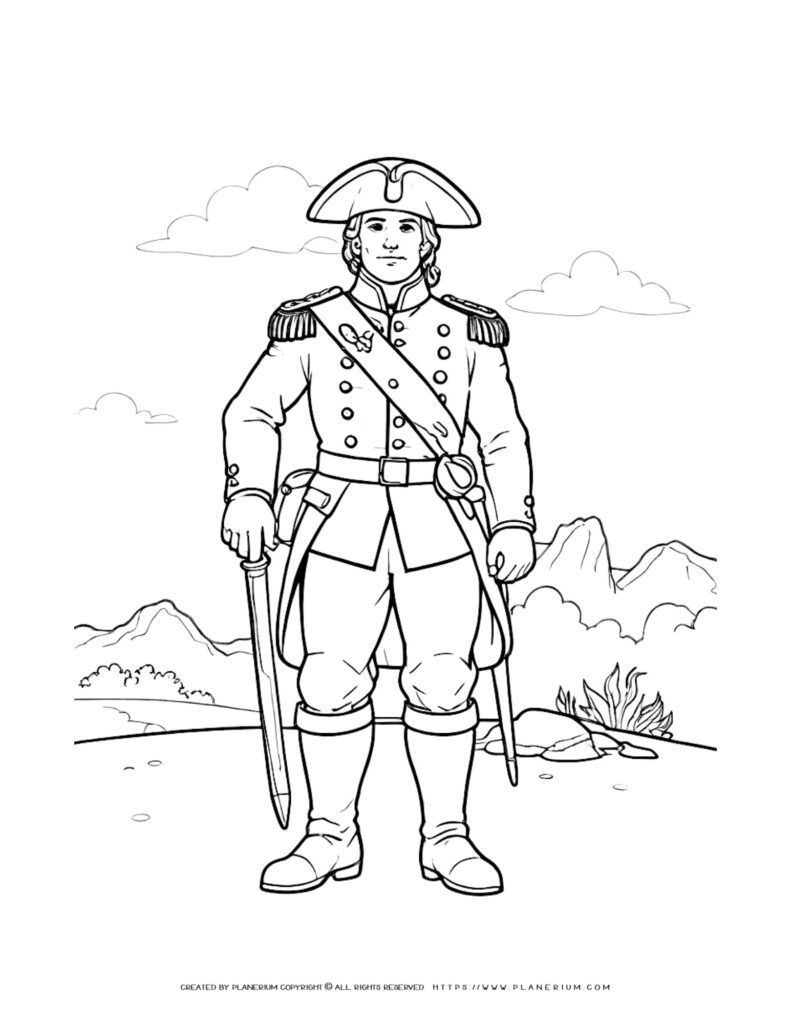 Naval Officer Historical Figure Coloring Sheet in Mountainous Landscape