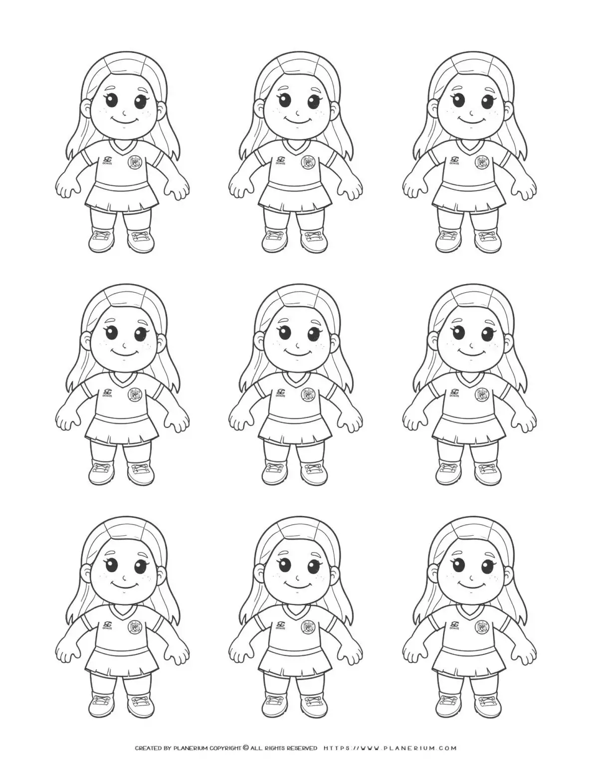9 Identical Comic Soccer Girls Players Standing Outlines