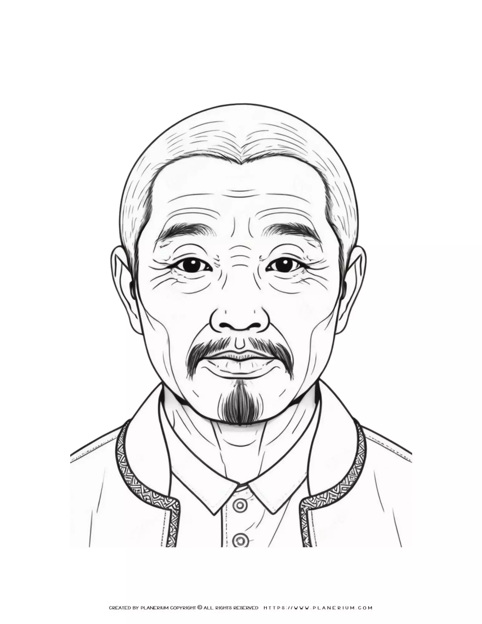 Chinese Man Portrait Coloring Page - Front View Illustration with Beard
