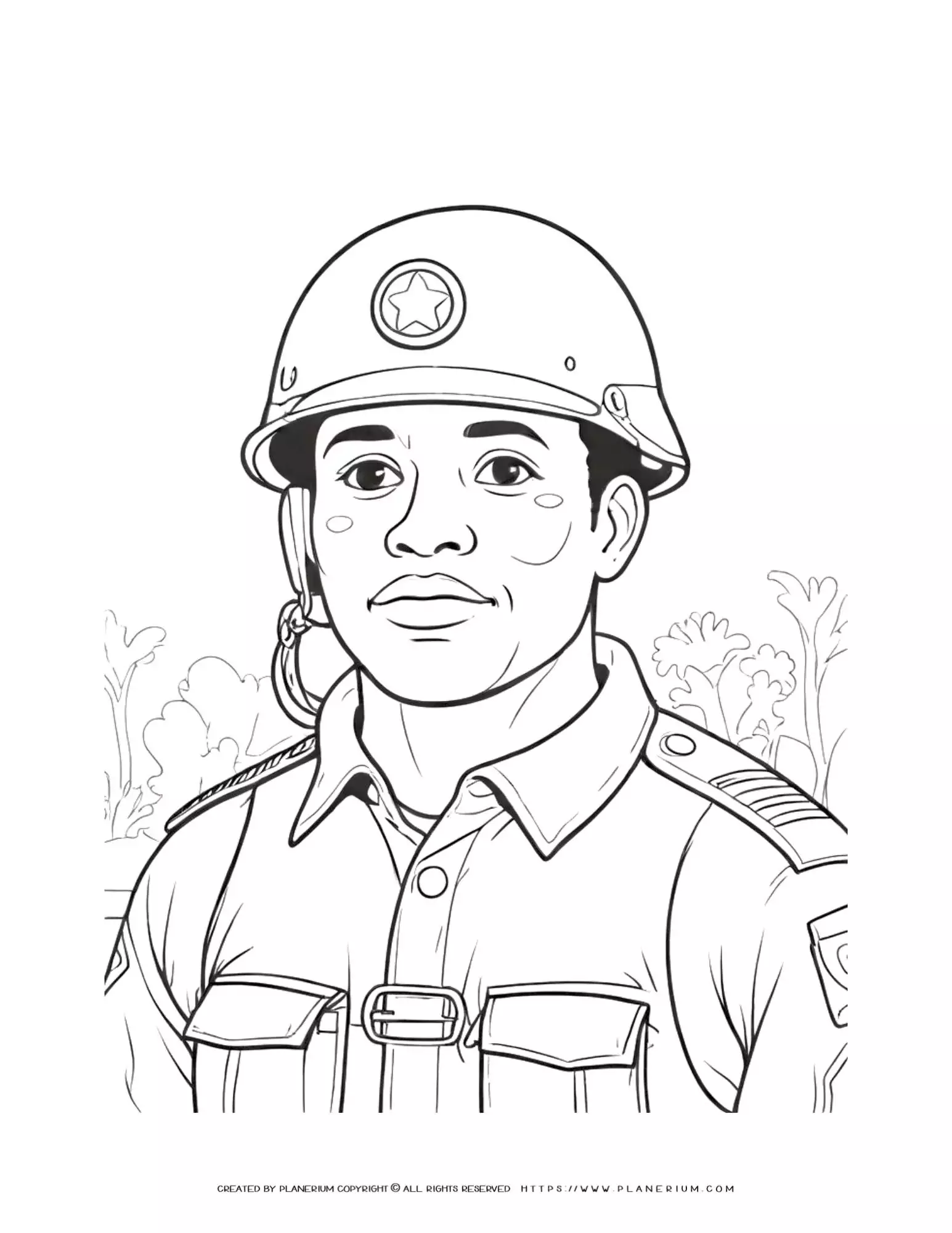 Soldier Portrait Coloring Page - Front View Helmet Portrait