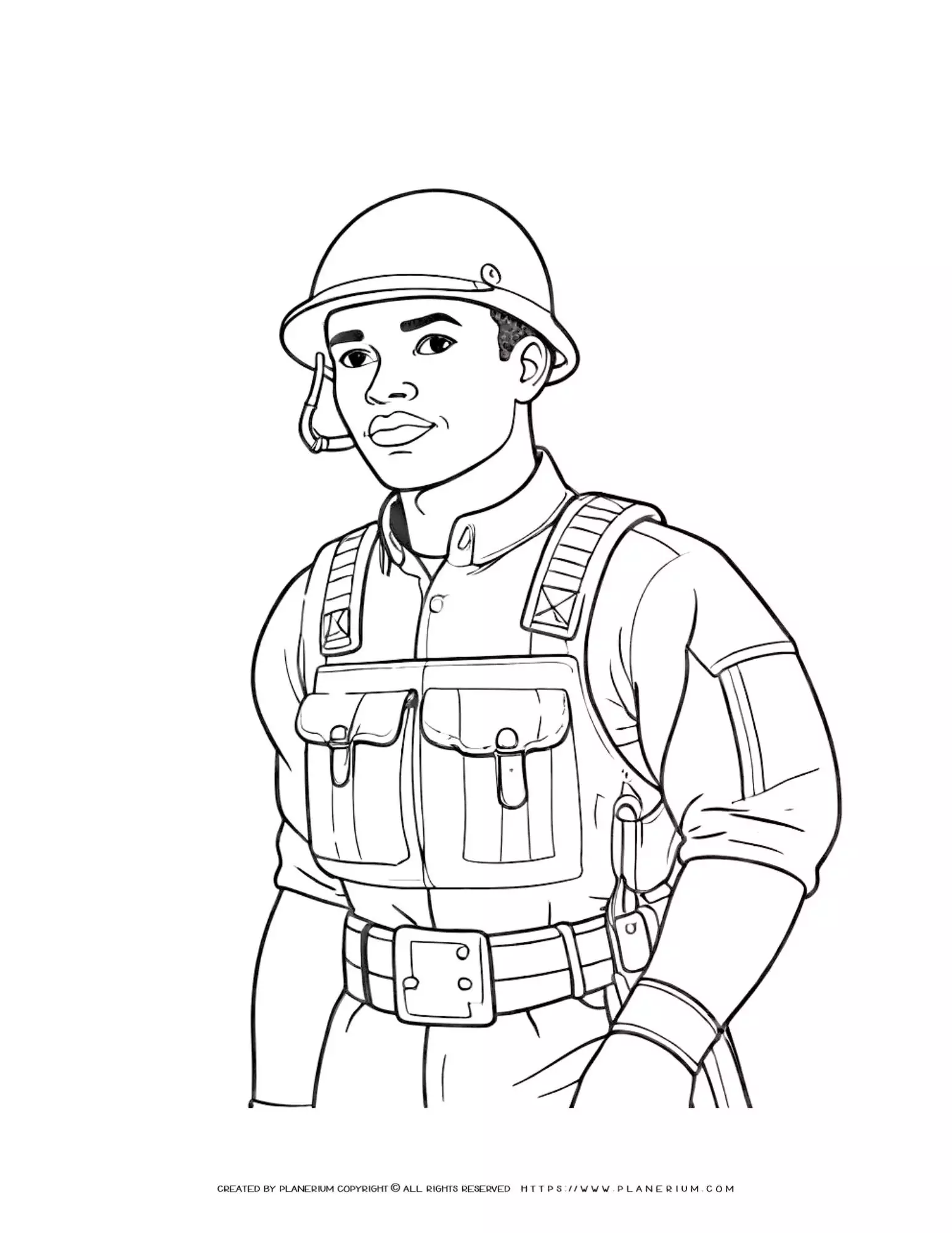 Soldier Uniform Helmet Torso Coloring Page - Outline Design