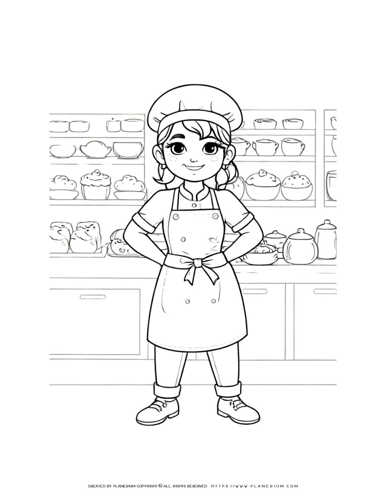 Coloring Page: Woman Chef with Dishes for Creative Learning