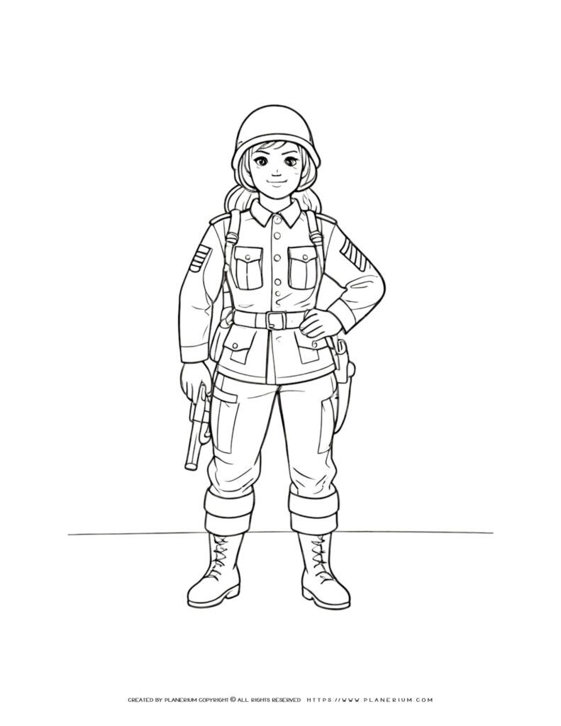 Woman Soldier Full Uniform Coloring Sheet - Military Theme Illustration