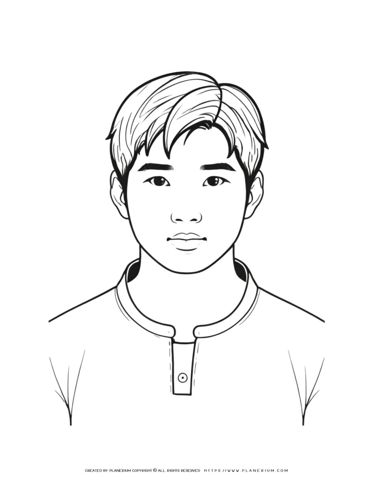 Young Asian Male Portrait Front View Outline Illustration