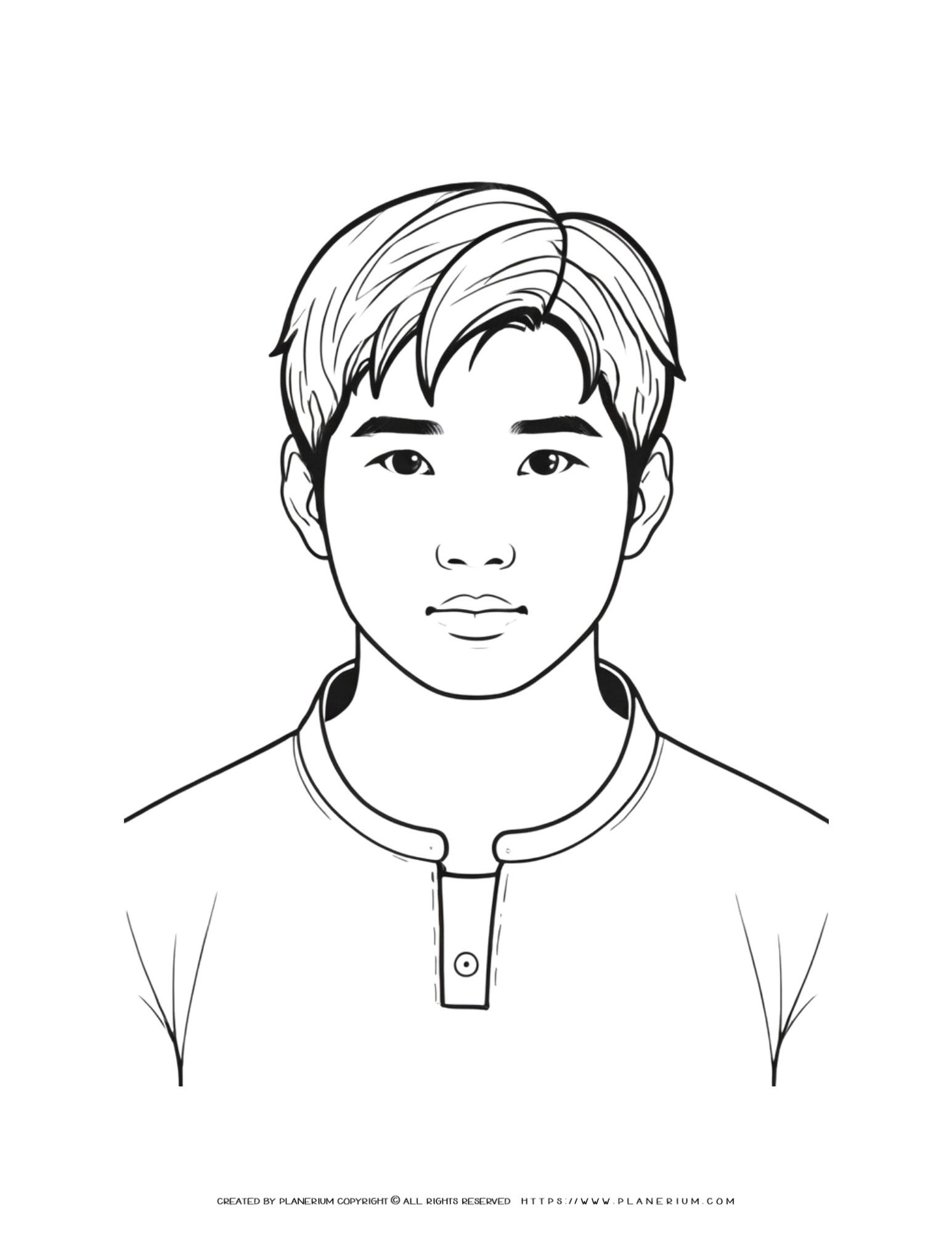 Young Asian Male Portrait Front View Outline Illustration