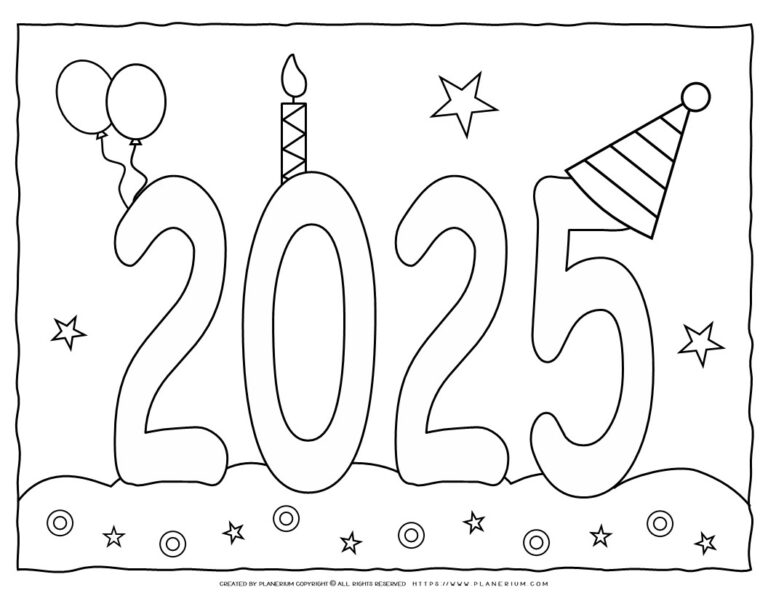 2025 New Year Festive Coloring Page with Large 2025 Outline Numbers