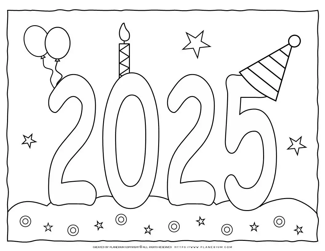 2025 New Year Festive Coloring Page with Large 2025 Outline Numbers