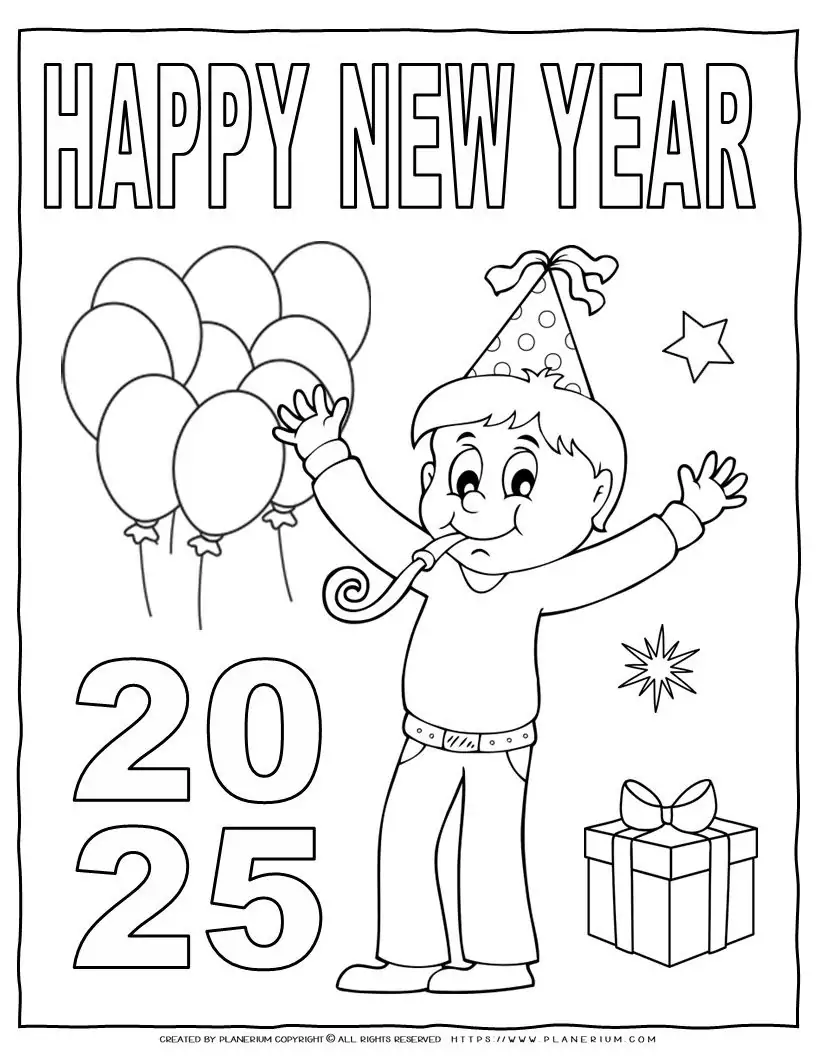 Happy New Year 2025 Celebration: Boys' Coloring Page