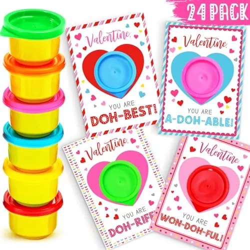 Fun Valentines Cards & Playdough for Kids - 24 Pack
