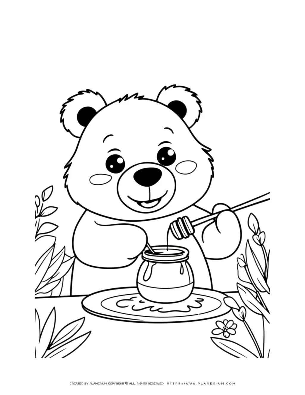 Smiling Bear Eating honey - Fun coloring page for Kids