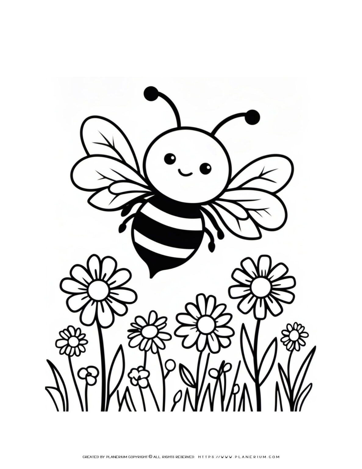 Cute Bee Fly Over Flowers - Fun Printable Coloring Page